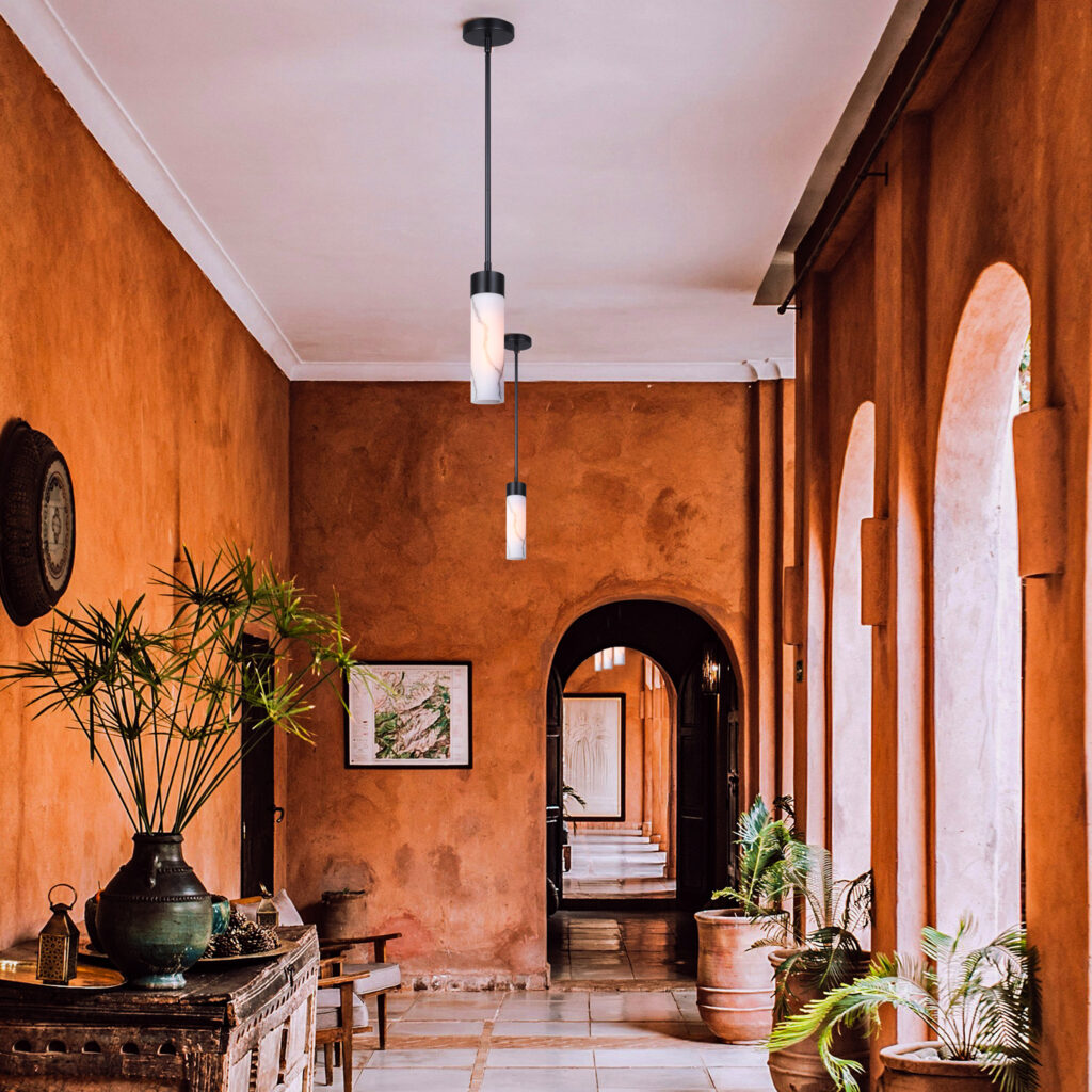 Canarm Kristella Pendant Light - Matte Black with Marbled Glass Shade ...